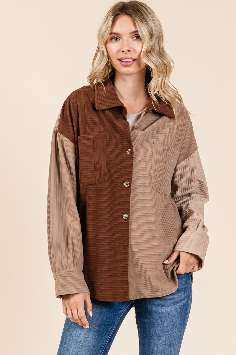 Women's Color Block Corduroy Casual Shacket - Outfit of the Day Wholesale