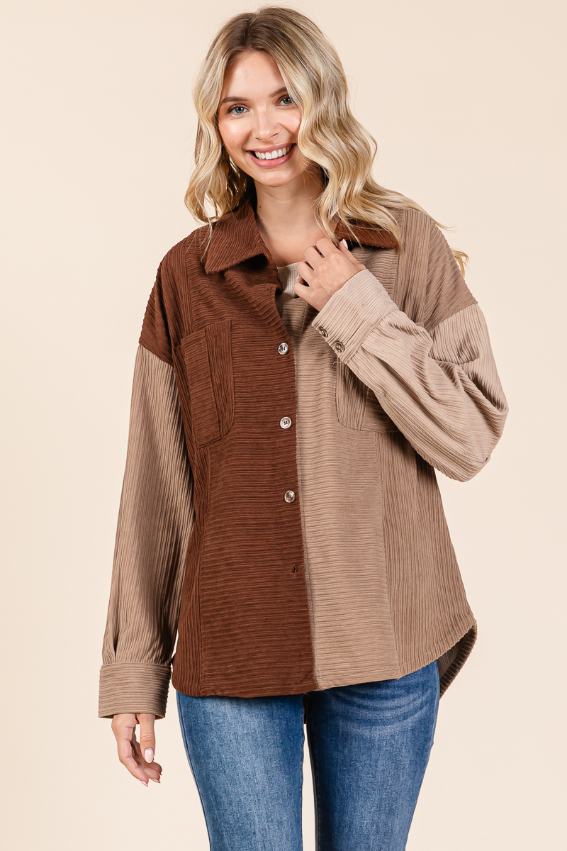 Women's Color Block Corduroy Casual Shacket - Outfit of the Day Wholesale