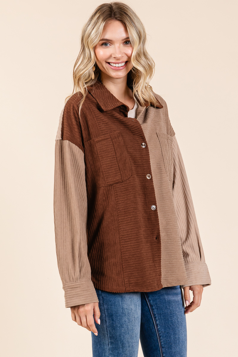 Women's Color Block Corduroy Casual Shacket - Outfit of the Day Wholesale