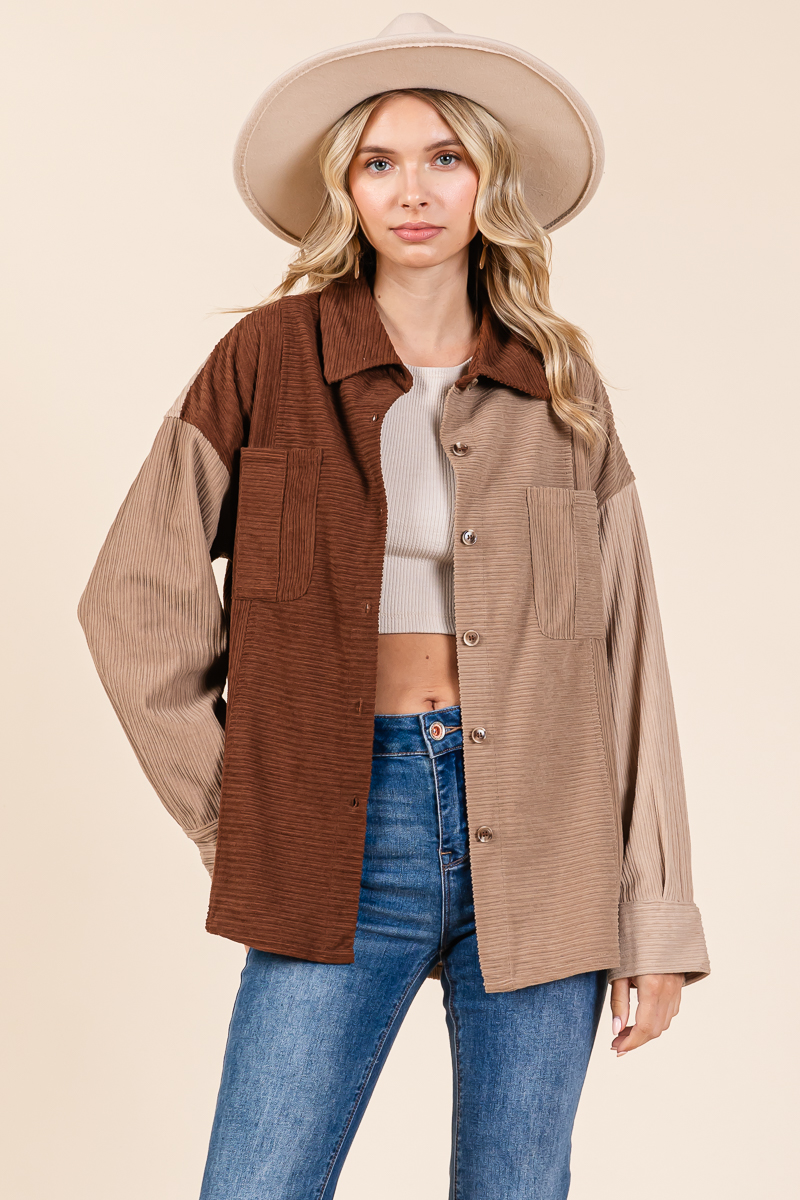 Women's Color Block Corduroy Casual Shacket - Outfit of the Day Wholesale